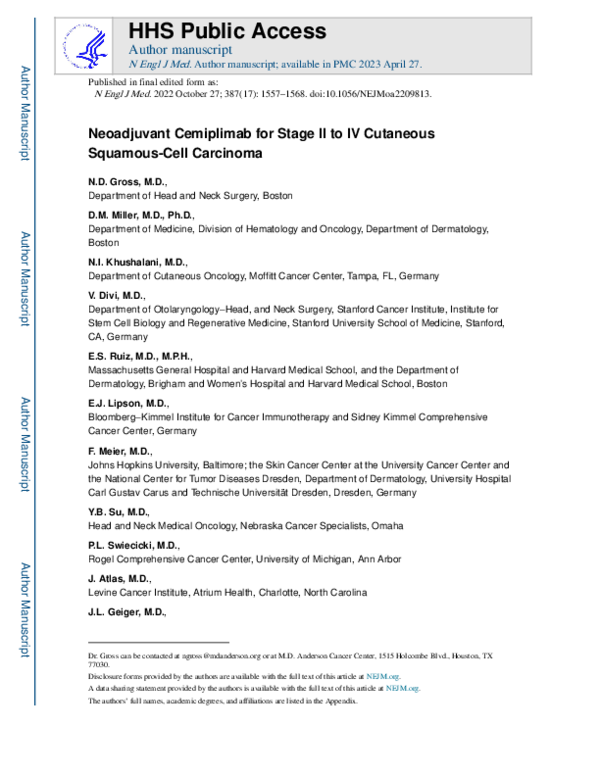 (PDF) Neoadjuvant Cemiplimab for Stage II to IV Cutaneous Squamous-Cell ...