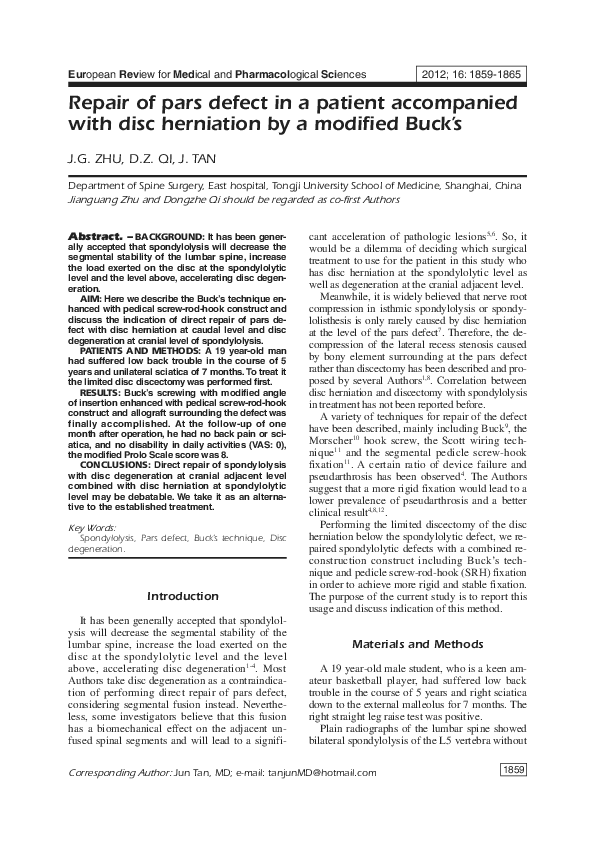(PDF) Repair of pars defect in a patient accompanied with disc ...