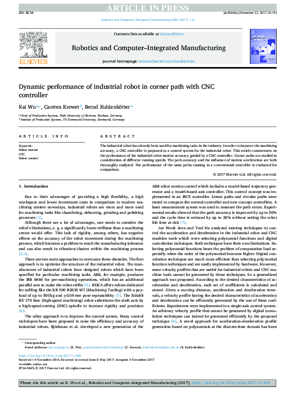 (PDF) Dynamic performance of industrial robot in corner path with CNC controller