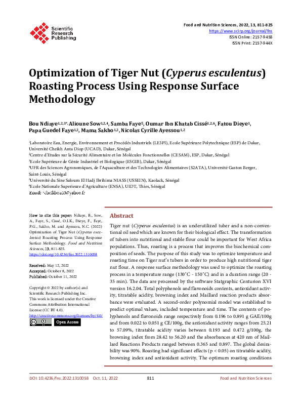 (PDF) Optimization of Tiger Nut ( Cyperus esculentus ) Roasting Process Using Response Surface ...