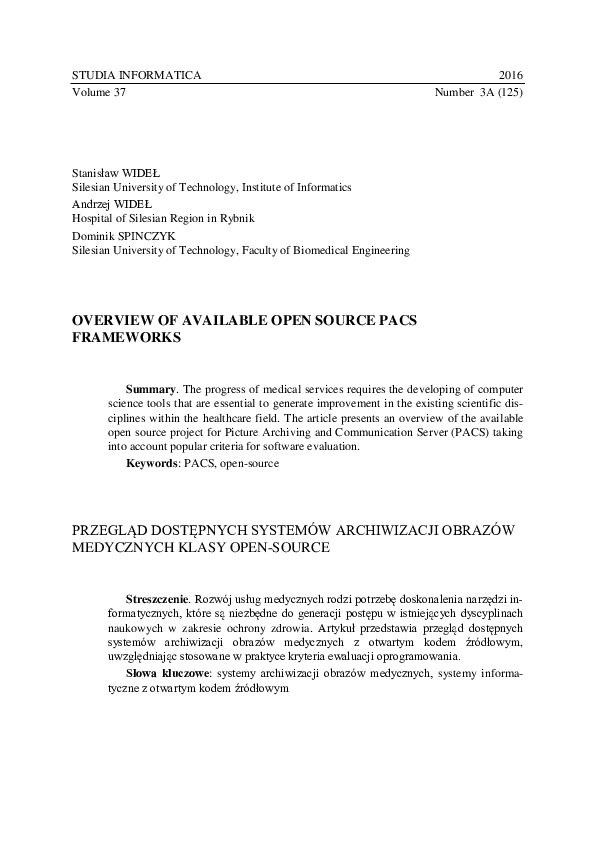 (PDF) Overview of available open source PACS frameworks