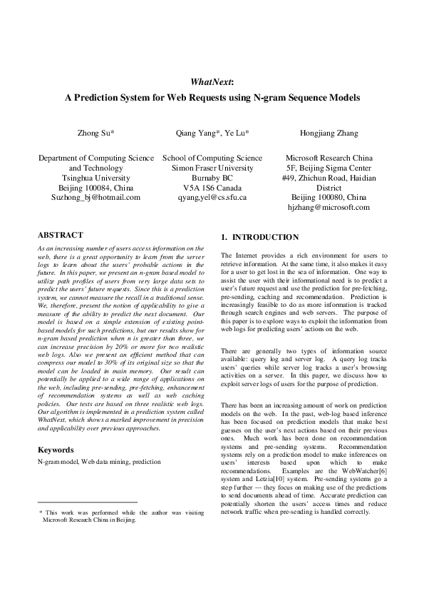 (PDF) WhatNext: a prediction system for Web requests using n-gram sequence models