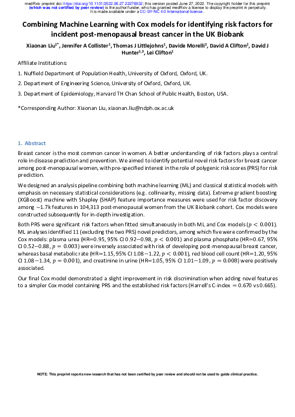 (PDF) Combining Machine Learning with Cox models for identifying risk factors for incident post ...