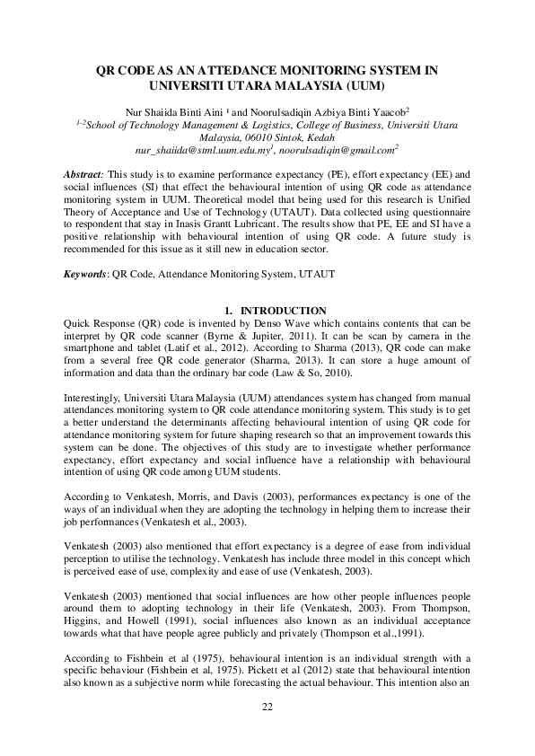 (PDF) QR Code as an Attedance Monitoring System in Universiti Utara Malaysia (UUM)