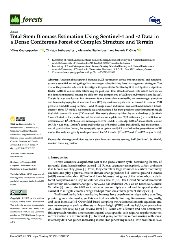 Pdf Total Stem Biomass Estimation Using Sentinel 1 And 2 Data In A Dense Coniferous Forest Of