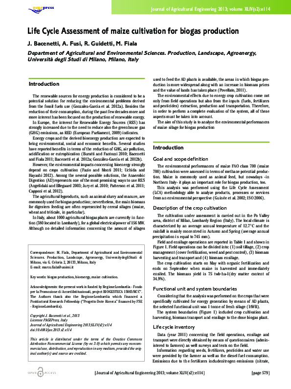 (PDF) Life Cycle Assessment of maize cultivation for biogas production