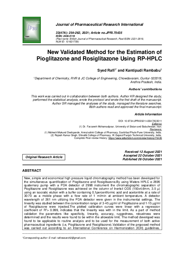 (PDF) New Validated Method for the Estimation of Pioglitazone and Rosiglitazone Using RP-HPLC