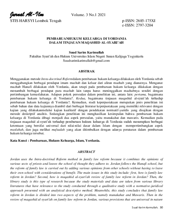 (PDF) PEMBARUAN HUKUM KELUARGA DI YORDANIA DALAM TINJAUAN MAQASHID AL-SYARI’AH