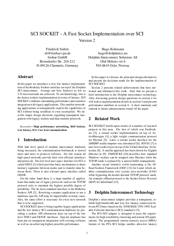 (PDF) SCI SOCKET - A Fast Socket Implementation over SCI