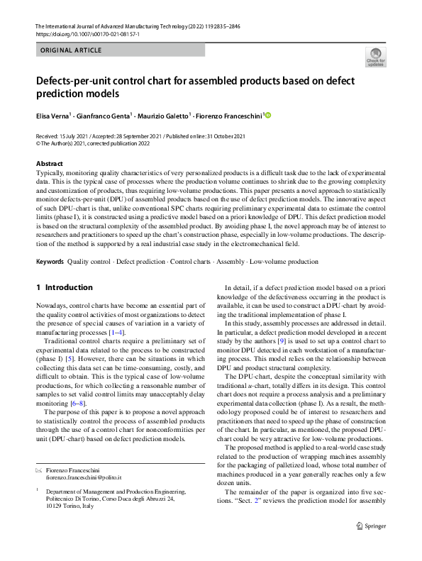 (PDF) Defects-per-unit control chart for assembled products based on ...