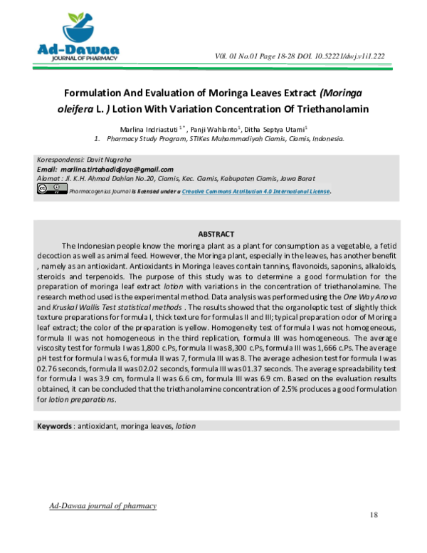 (PDF) Formulation and Evaluation of Moringa Leaves Extract (Moringa oleifera L. ) Lotion with ...