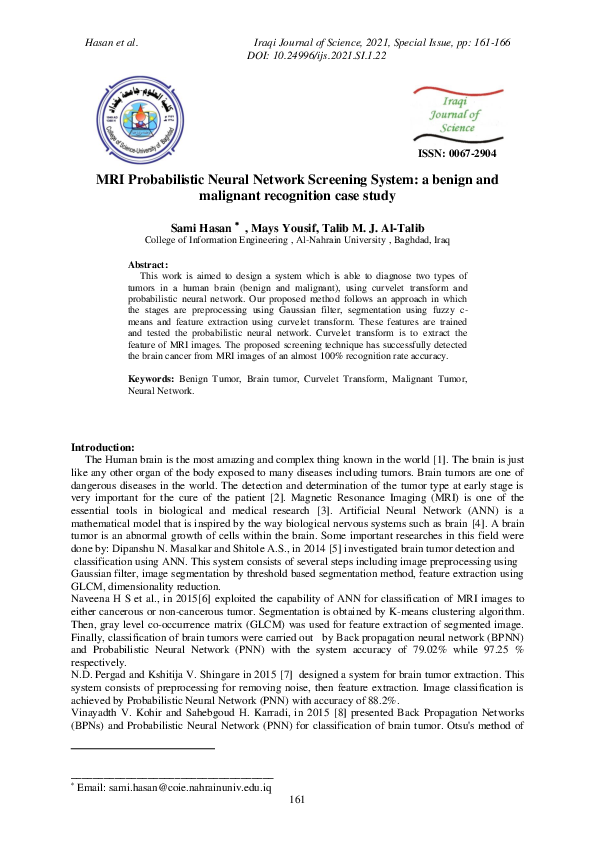 (PDF) MRI Probabilistic Neural Network Screening System: a benign and malignant recognition case ...