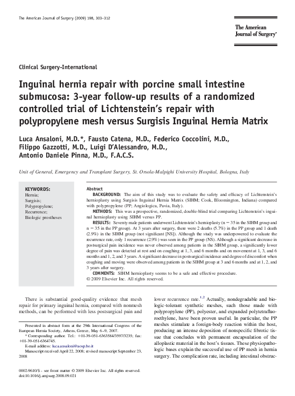 (PDF) Inguinal hernia repair with porcine small intestine submucosa: 3 ...