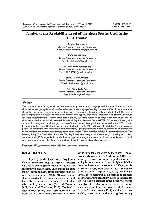 (PDF) Analysing the Readability Level of the Short Stories Used in the ...
