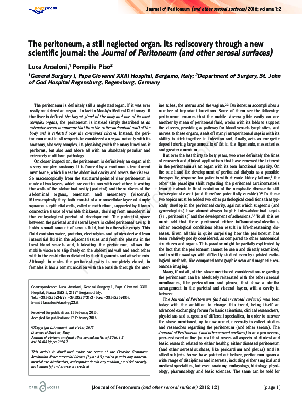 (PDF) The peritoneum, a still neglected organ. Its rediscovery through ...