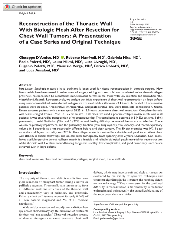 (PDF) Reconstruction of the Thoracic Wall With Biologic Mesh After ...