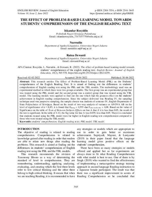 (PDF) The Effect of Problem-Based Learning Model Towards Students’ Comprehension of the English ...