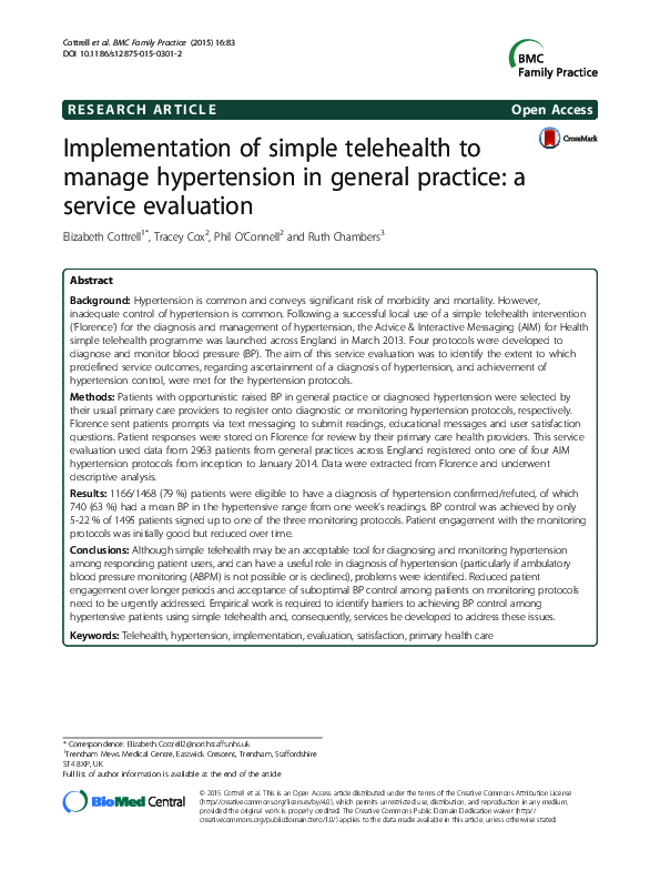 (PDF) Implementation of simple telehealth to manage hypertension in ...