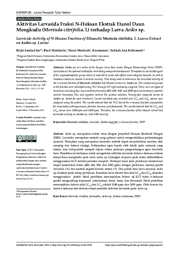 (PDF) Aktivitas Larvasida Fraksi N-Heksan Ekstrak Etanol Daun Mengkudu ...