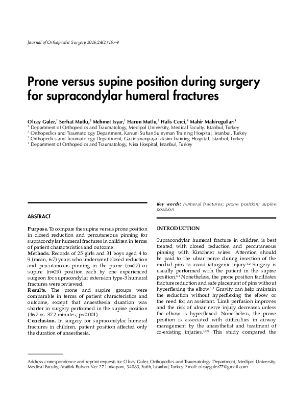 (PDF) Prone versus Supine Position during Surgery for Supracondylar ...