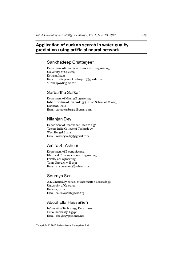 (PDF) Application of cuckoo search in water quality prediction using artificial neural network