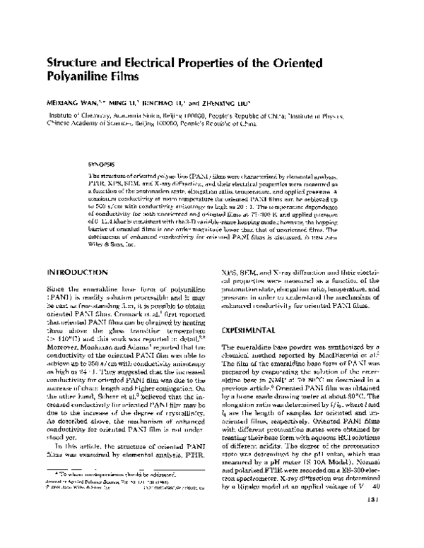 Pdf Structure And Electrical Properties Of The Oriented Polyaniline Films Ricardo Ruiz