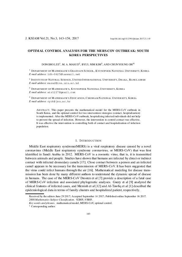 (PDF) Optimal Control Analysis for the Mers-Cov Outbreak: South Korea ...