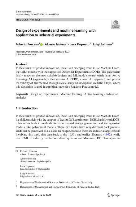 (PDF) Design of experiments and machine learning with application to ...