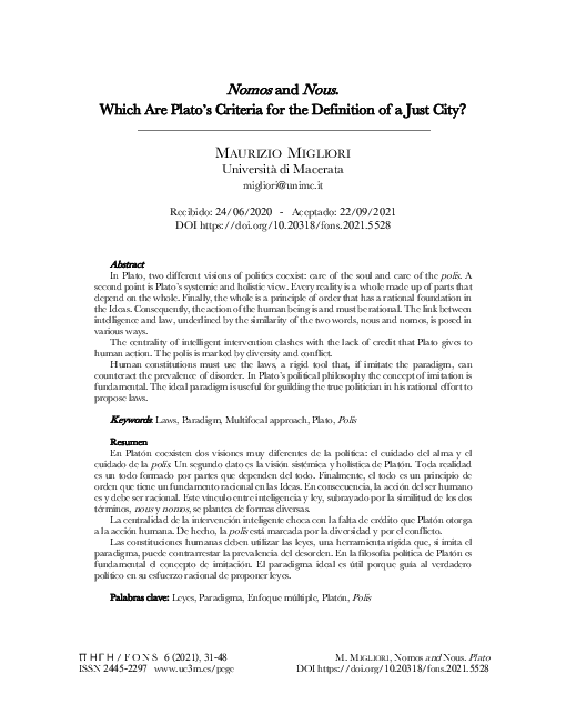 (PDF) Nomos and Nous. Which Are Plato’s Criteria for the Definition of ...