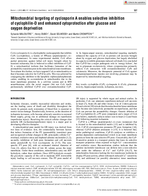 (PDF) Mitochondrial targeting of cyclosporin A enables selective ...