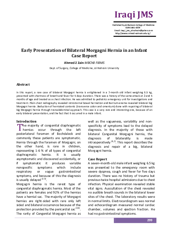 Pdf Early Presentation Of Bilateral Morgagni Hernia In An Infant Case Report