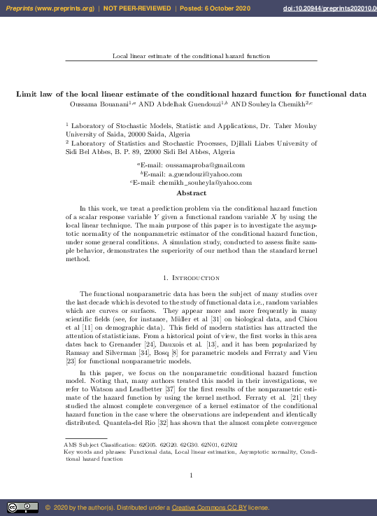 (PDF) Limit Law of the Local Linear Estimate of the Conditional Hazard Function for Functional Data