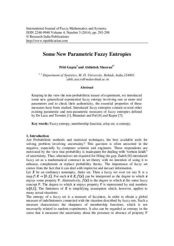 (PDF) Some New Parametric Fuzzy Entropies | Dr. Abhishek Sheoran - Academia.edu