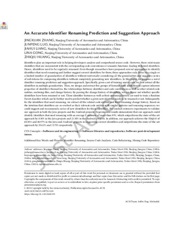 (PDF) An Accurate Identifier Renaming Prediction and Suggestion Approach