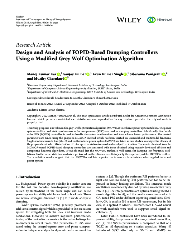 (PDF) Design and Analysis of FOPID-Based Damping Controllers Using a Modified Grey Wolf ...