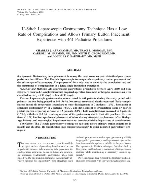 (PDF) U-Stitch Laparoscopic Gastrostomy Technique Has a Low Rate of ...