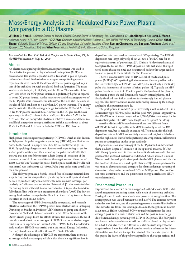 (PDF) Mass/Energy Analysis of a Modulated Pulse Power Plasma Compared to a DC Plasma
