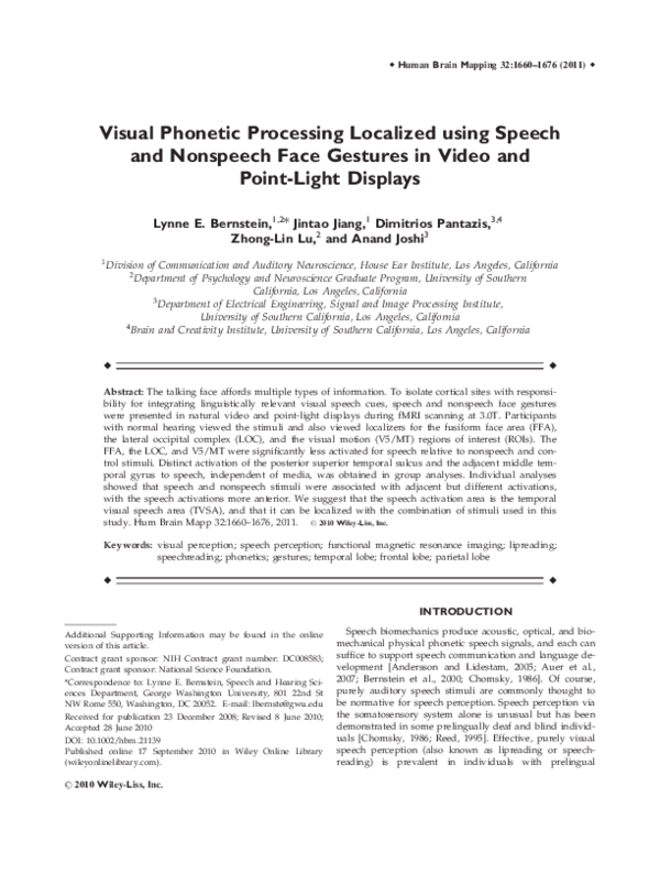 (PDF) Visual phonetic processing localized using speech and nonspeech ...