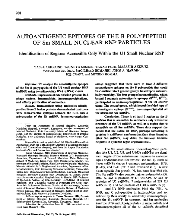 (PDF) Autoantigenic epitopes of the b polypeptide of SM small nuclear ...