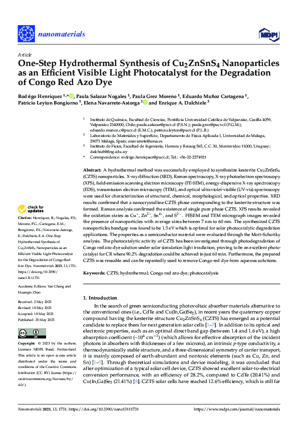 (PDF) One-Step Hydrothermal Synthesis of Cu2ZnSnS4 Nanoparticles as an ...