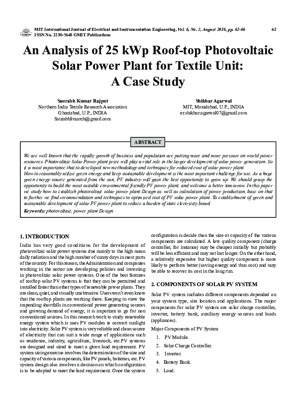 (PDF) An Analysis of 25 kWp Roof-top Photovoltaic Solar Power Plant for ...