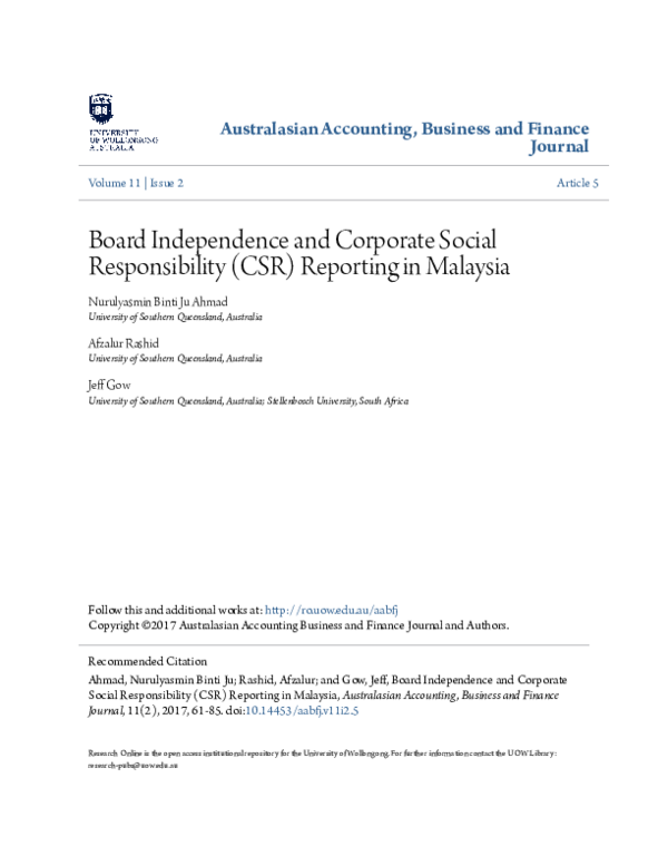 (PDF) Board Independence and Corporate Social Responsibility (CSR) Reporting in Malaysia