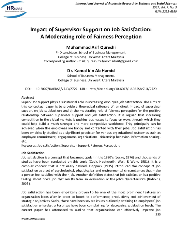 (PDF) Impact of Supervisor Support on Job Satisfaction: A Moderating ...