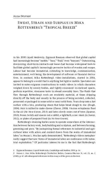 (PDF) 'Sweat, Strain and Surplus in Mika Rottenberg's 'Tropical Breeze"'