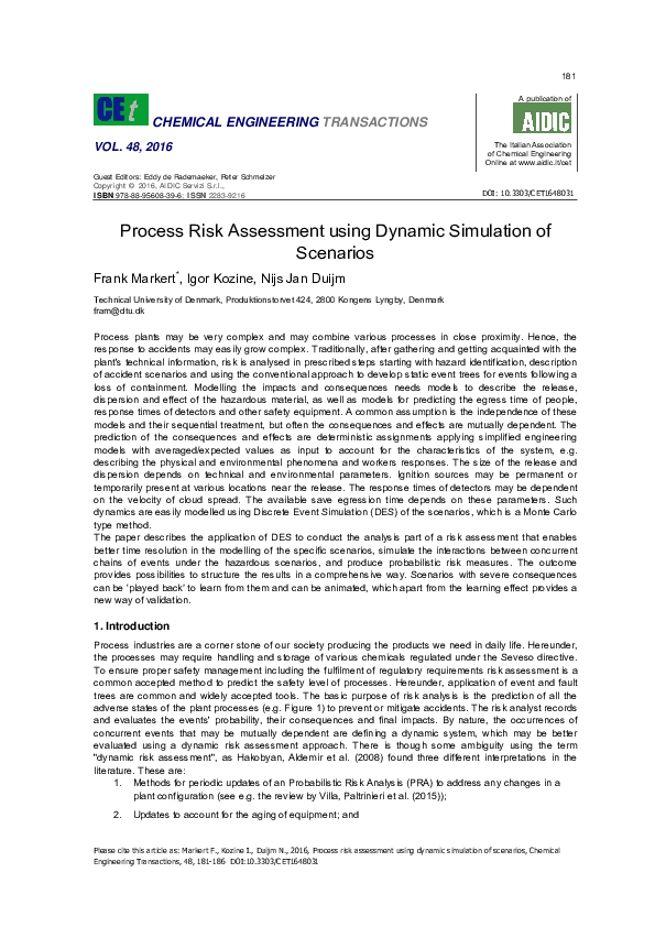 (PDF) Process Risk Assessment Using Dynamic Simulation of Scenarios