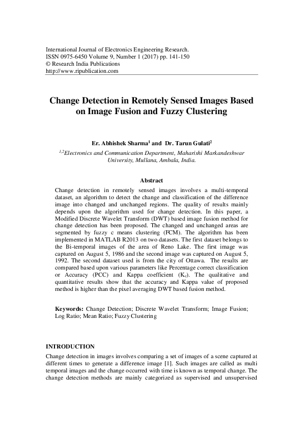 (PDF) Change Detection in Remotely Sensed Images Based on Modified Log Ratio and Fuzzy Clustering