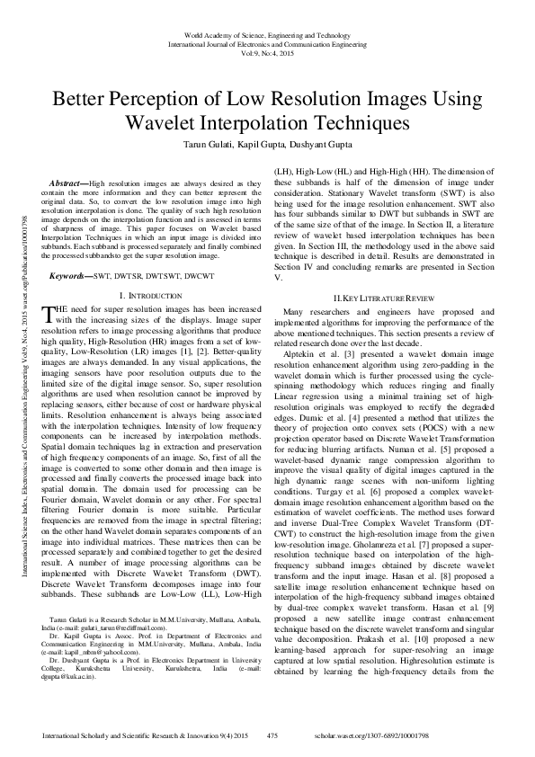 Pdf Better Perception Of Low Resolution Images Using Wavelet Interpolation Techniques Tarun