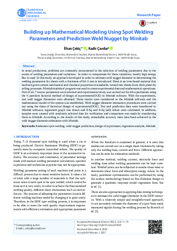 (PDF) Building Up Mathematical Modeling Using Spot Welding Parameters and Prediction Weld Nugget ...