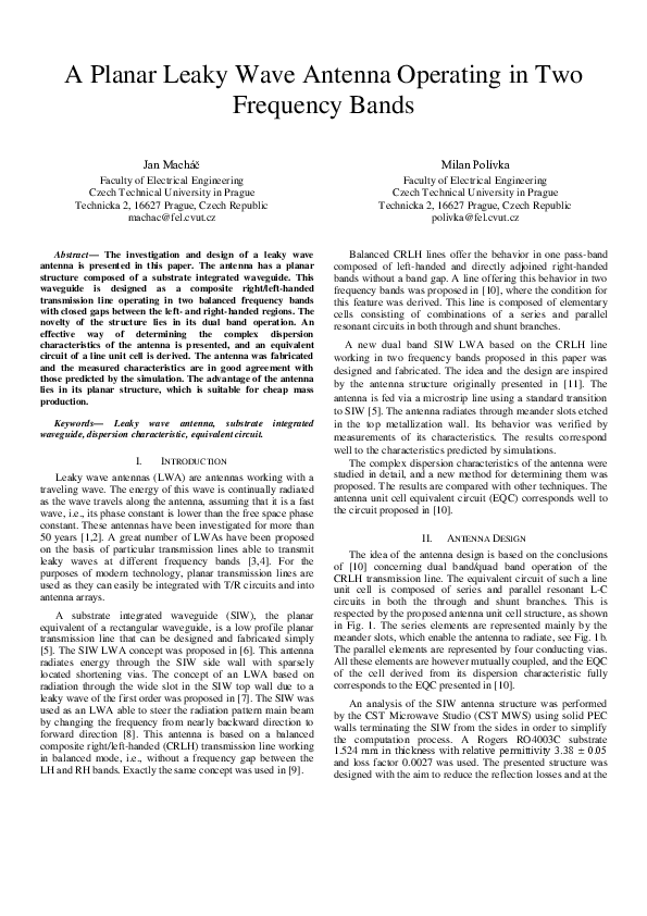 (PDF) A planar leaky wave antenna operating in two frequency bands