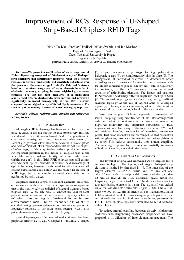 (PDF) Improvement of RCS response of U-shaped strip-based chipless RFID ...